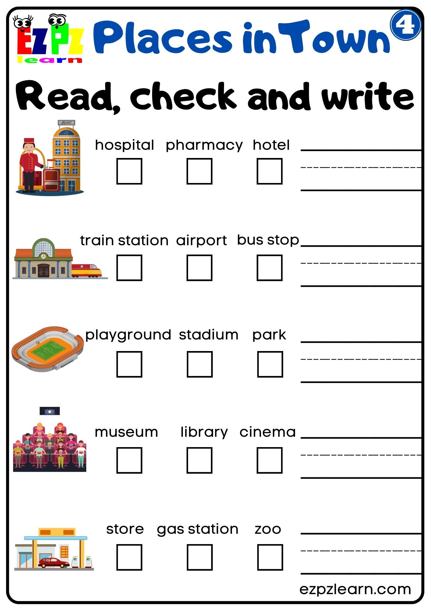 Places in Town Vocabulary Read Check and Write Worksheet for K5 Kids and ESL Students Group 4 ...